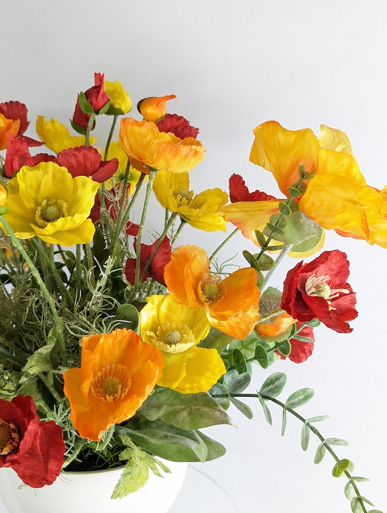 Poppy Silk Arrangement in Pot 16", Orange Red Poppy Stems, Lush Poppies ...