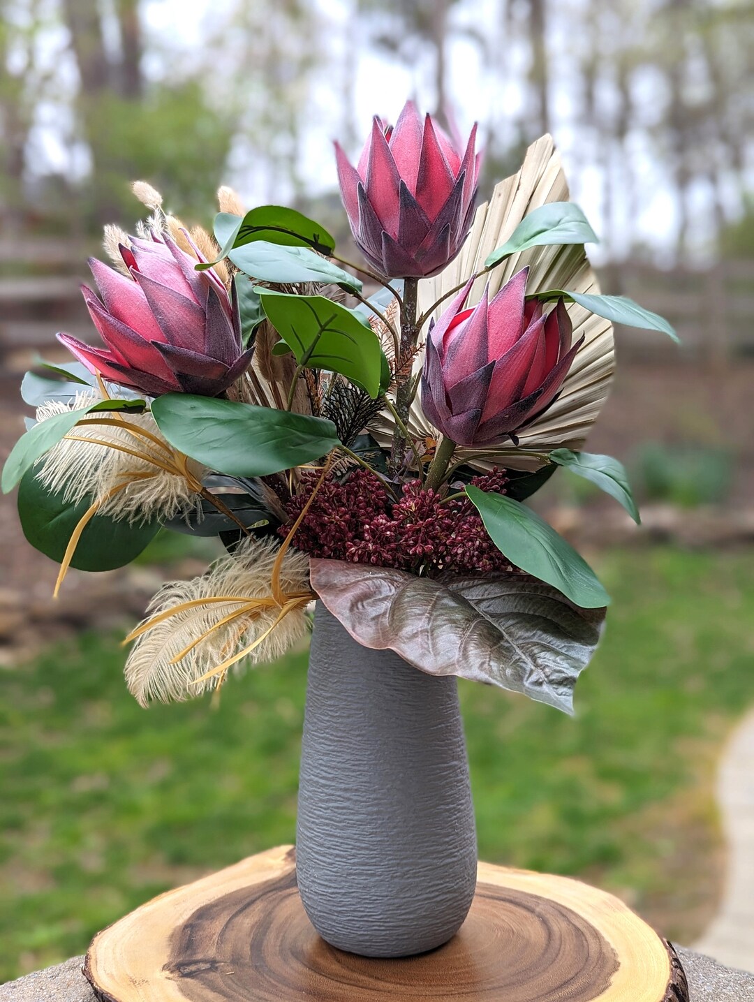 Pink Protea Arrangement With Pampas in Grey Ceramic Vase 22", Protea Exotic Flowers, Pink Silk ...