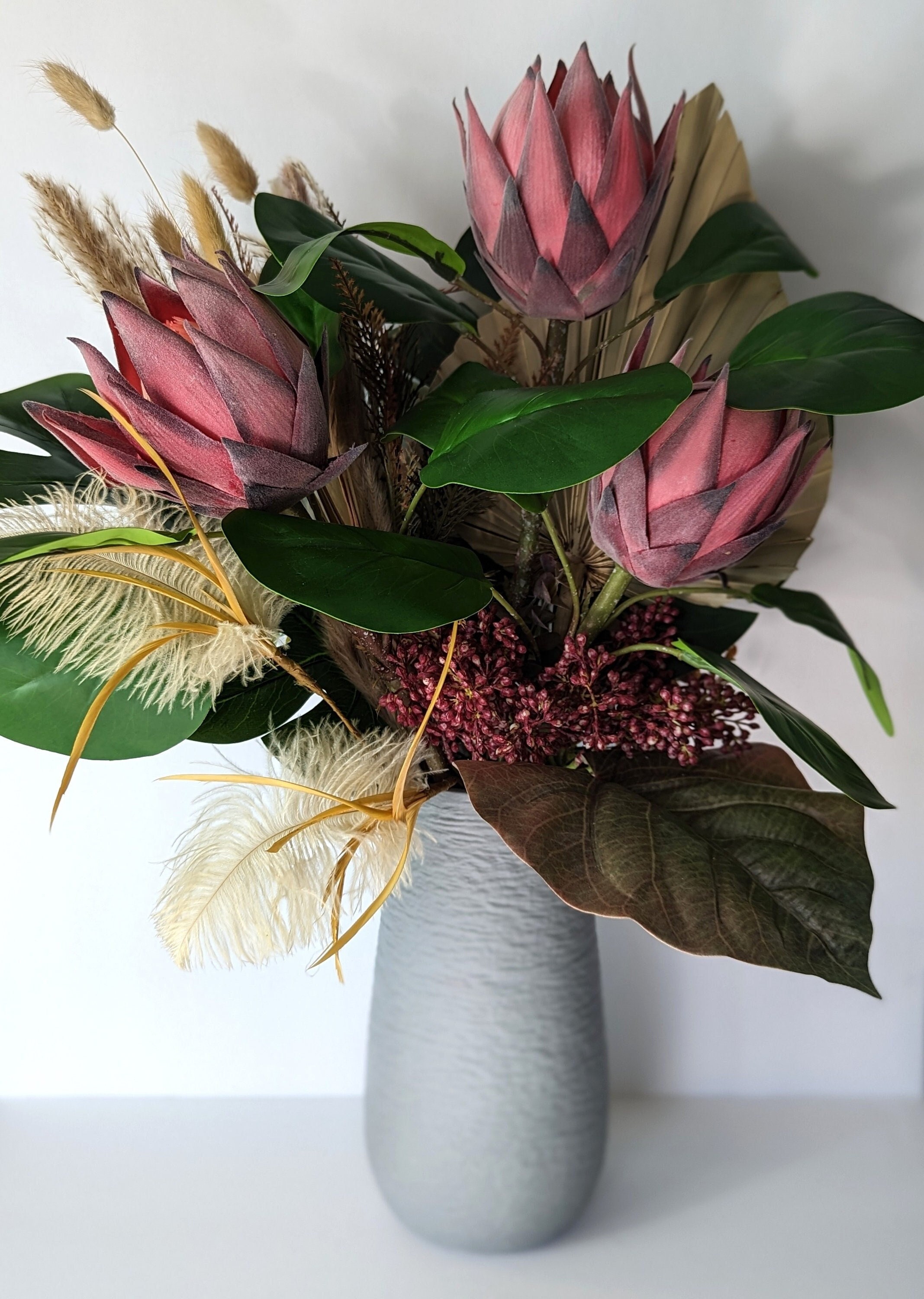 Pink Protea Arrangement With Pampas in Grey Ceramic Vase 22, Protea Exotic Flowers, Art Deco ...