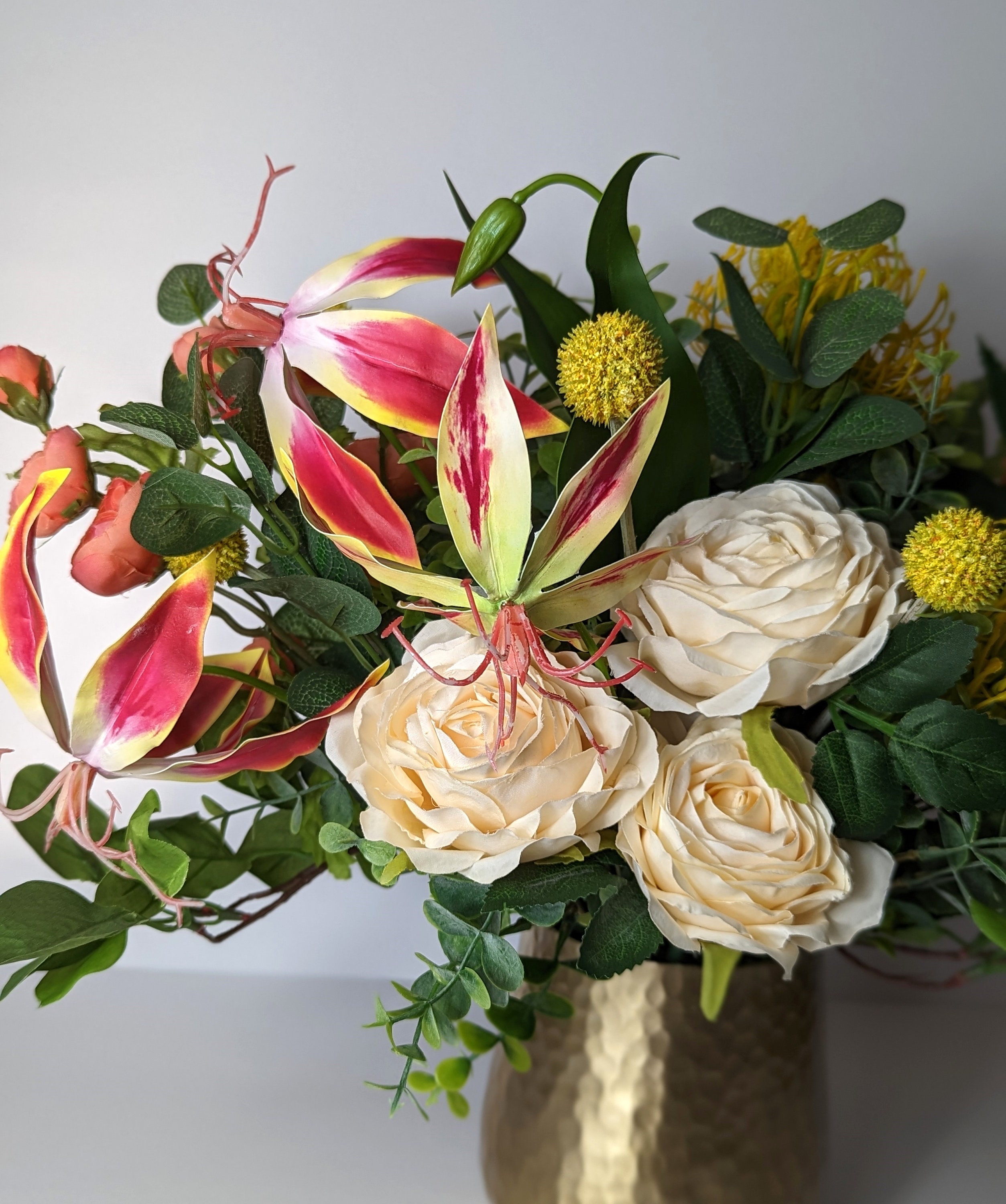Pink Silk Flowers in Gold Pot 15, Vibrant Pink and Yellow Protea, Mixed ...