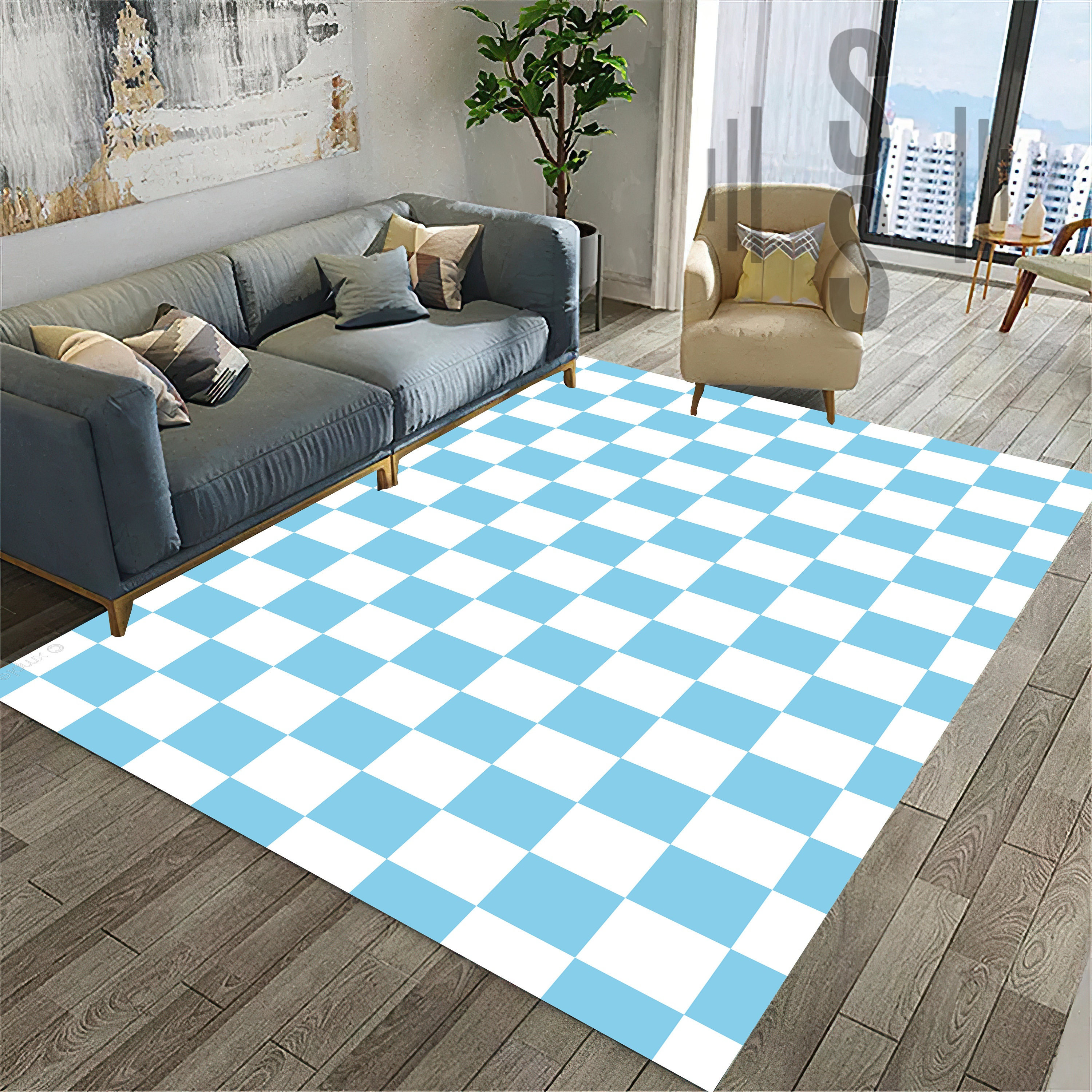 Baby Blue Checkered Rug Checkered Decor Area Rug Groovy Rug - Etsy