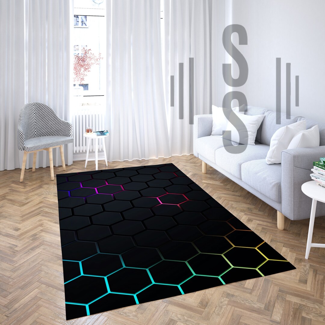 Cool Neon Hexagons Rug, Gaming Decor, Hexagon Figure Rug, Gamer Rug, E ...
