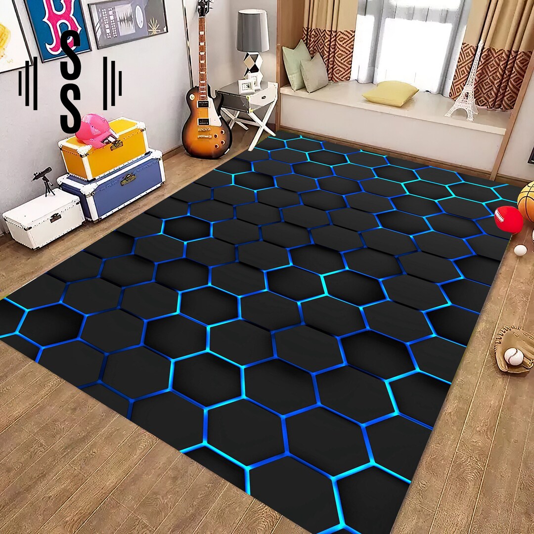 Hexagon Figure Rug, Gamer Rug, Cool Neon Hexagons Rug, Gaming Decor, E ...