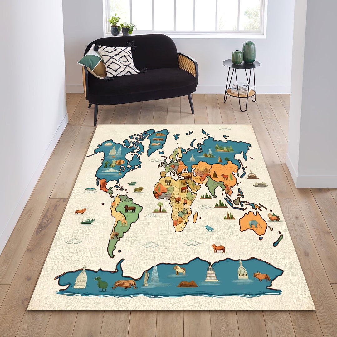 Kids World Map Carpet, World Map Decor Rug for Nursery, Safari Rug for ...