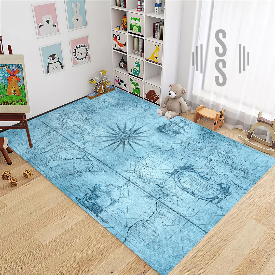Blue Compass Rug, World Map Compass Rug, Floor Area Rug, Home Decor Rug ...