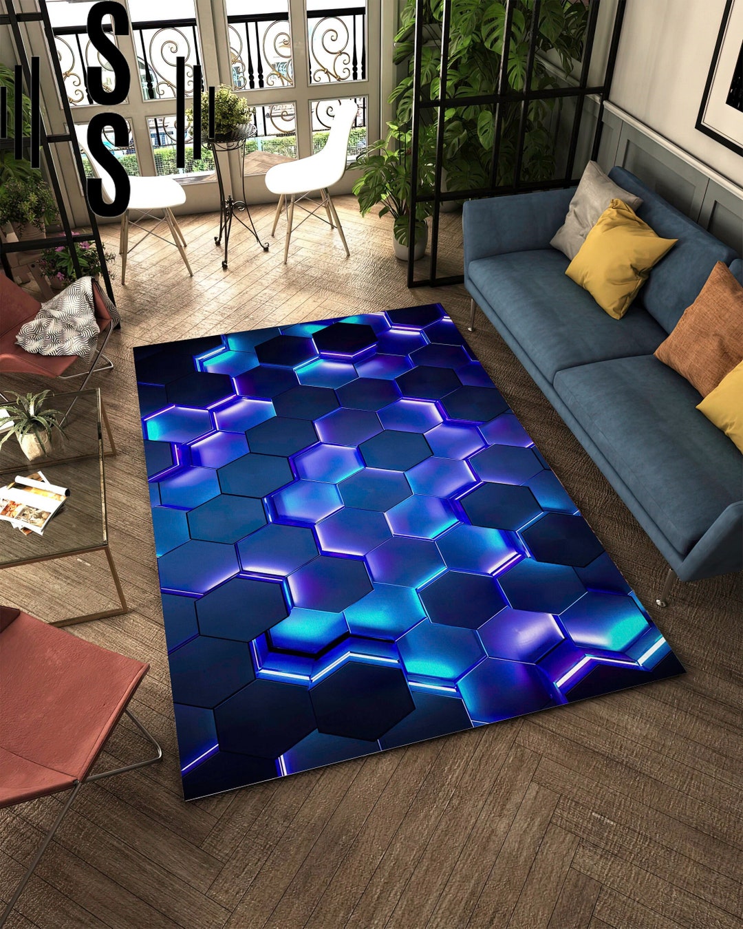 Cool Neon Hexagons Rug, Big Shining Rug, Hexagon Pattern Rug, Geometric ...
