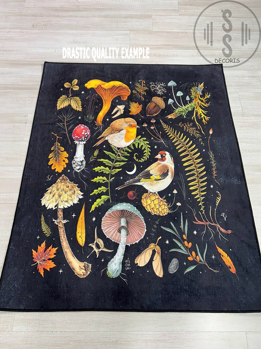 Mushroom Pattern Rug, Mushrooms, Black Color Rug, Autumn Rug, Bird ...