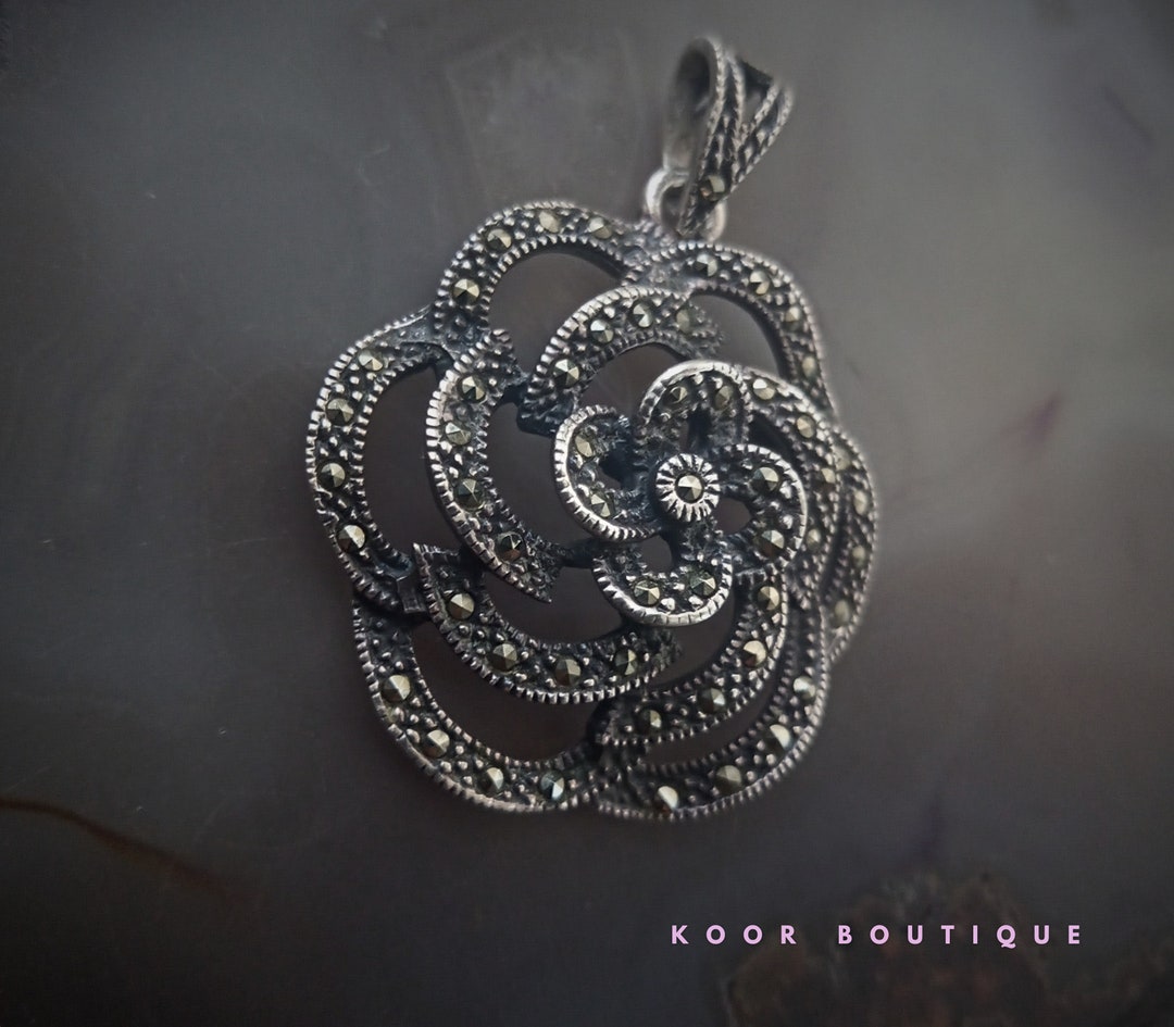 Silver Marcasite Pendant // Statement Vintage Rose Sterling Silver ...