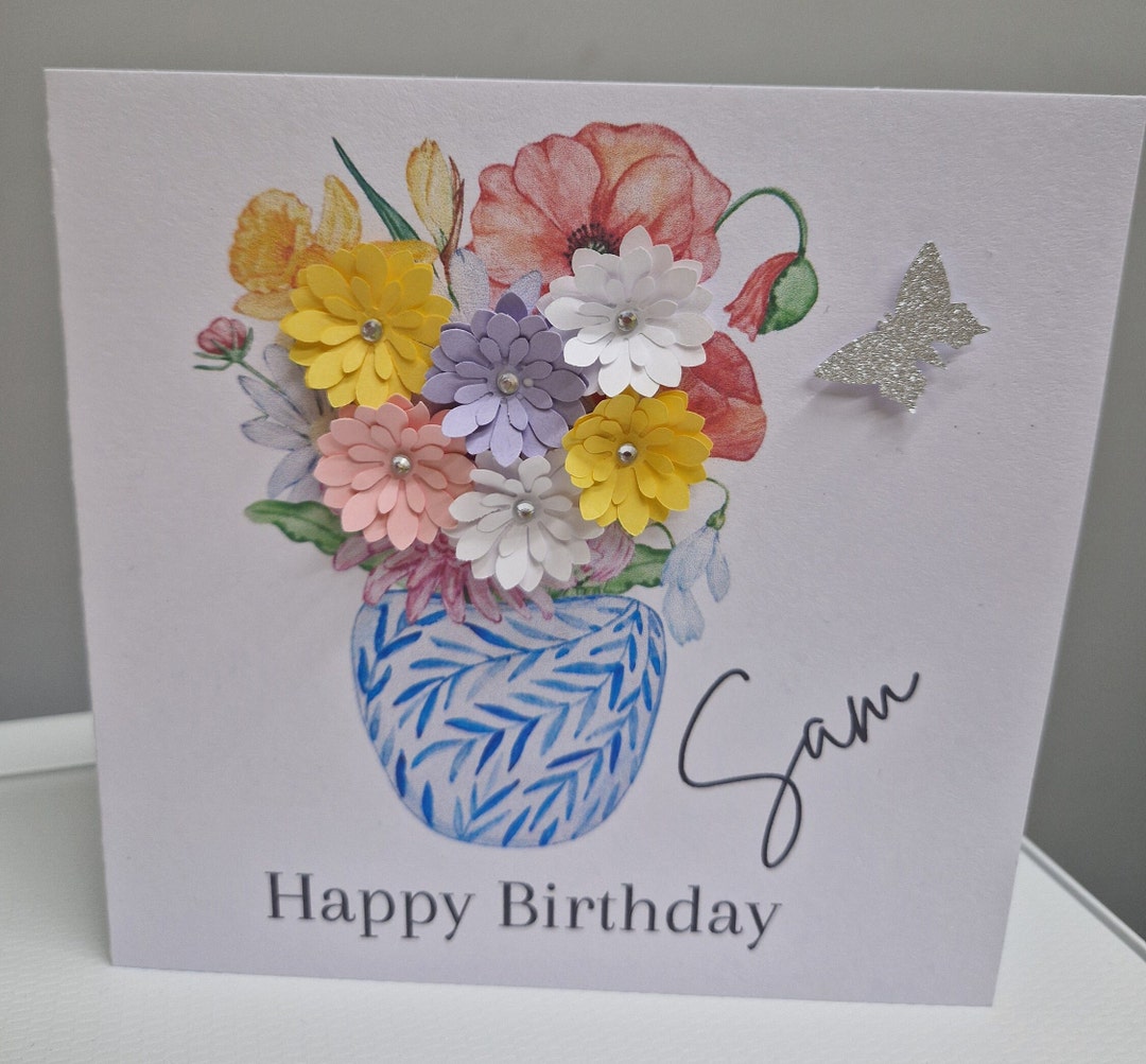 Personalised Handmade Paper Flower Birthday Card With Butterfly. - Etsy