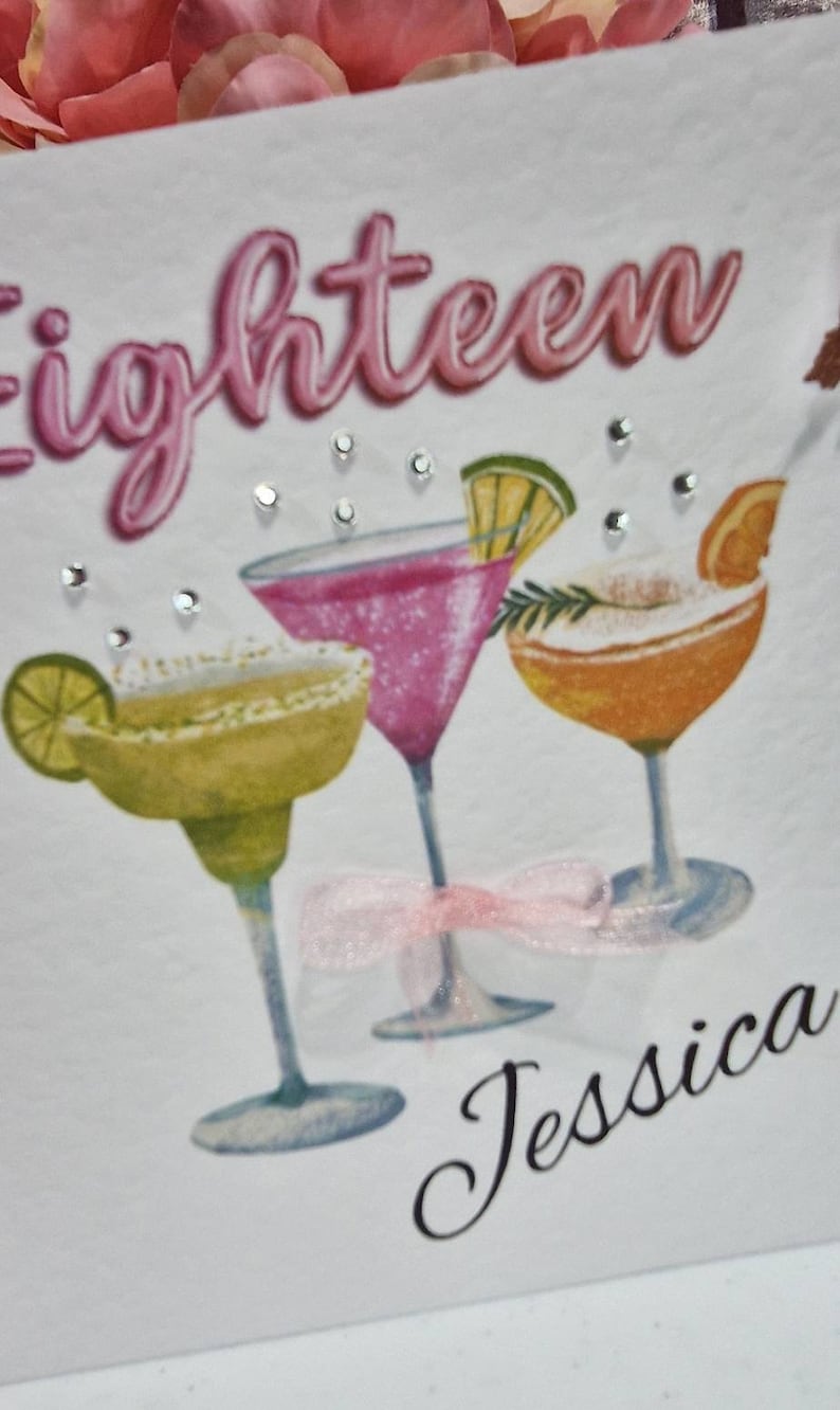 PERSONALISED 18th Birthday Card-with Cocktails With Gems and Ribbon ...