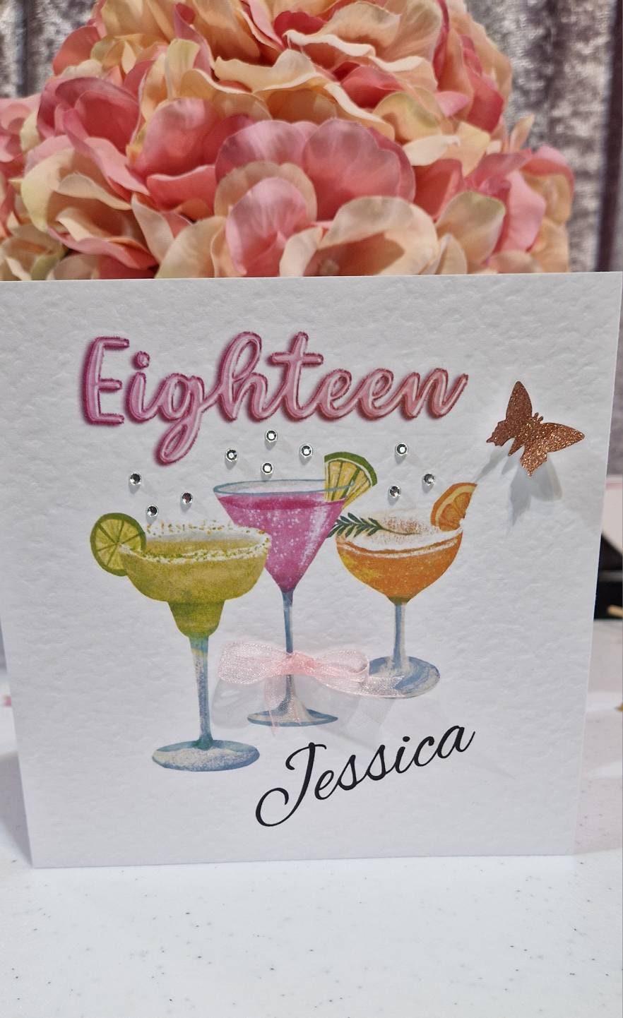 PERSONALISED 18th Birthday Card-with Cocktails With Gems and Ribbon ...