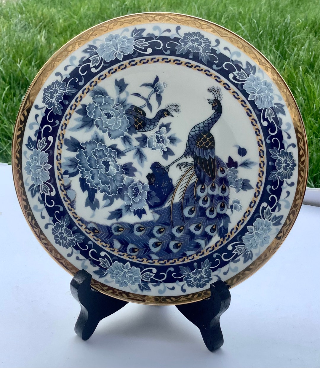 Vintage Japanese Peacock Plate, 24k Gold Hand Painted Oriental Blue ...