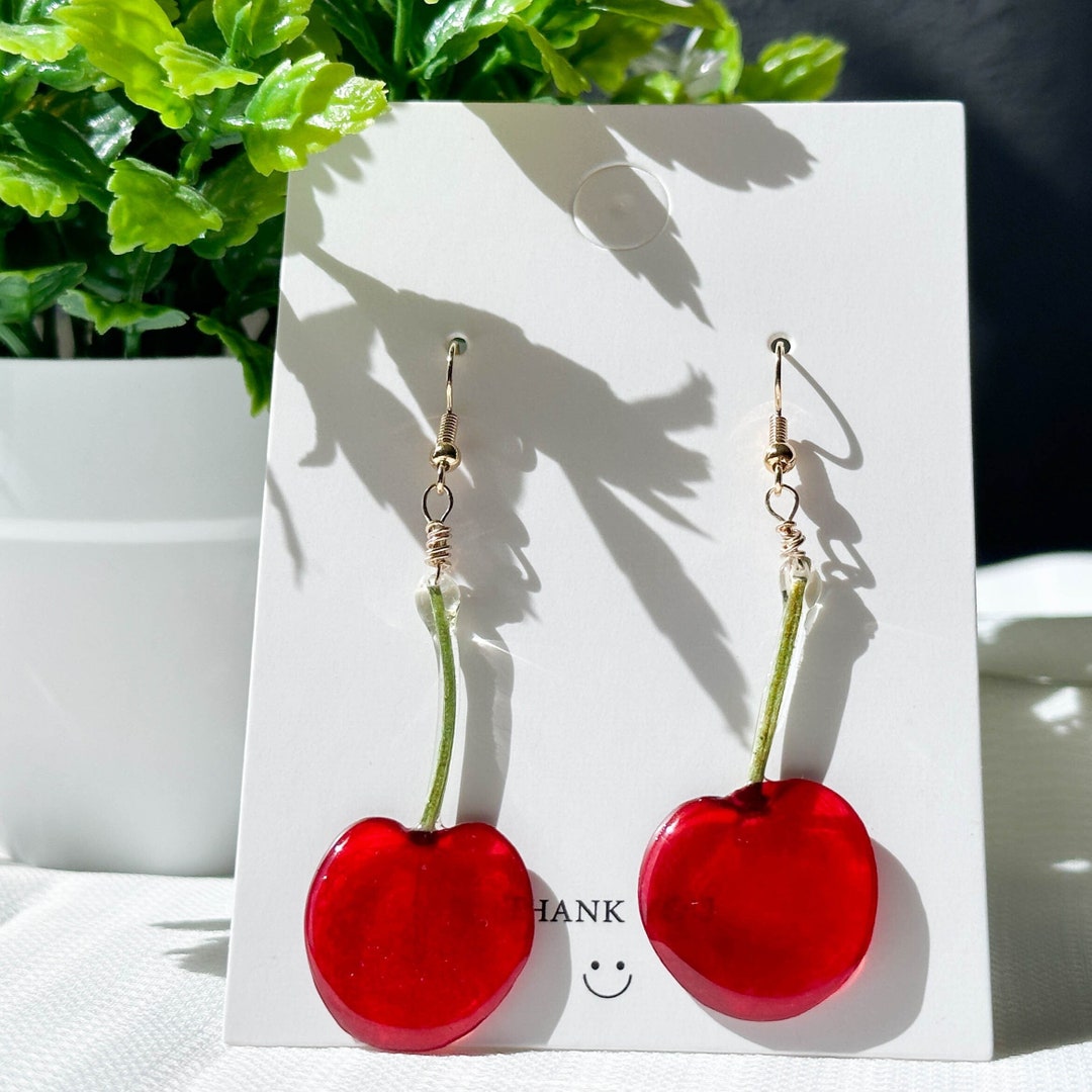 Handmade Dried Cherry Resin Earrings, Real Pressed Cherry Earrings ...