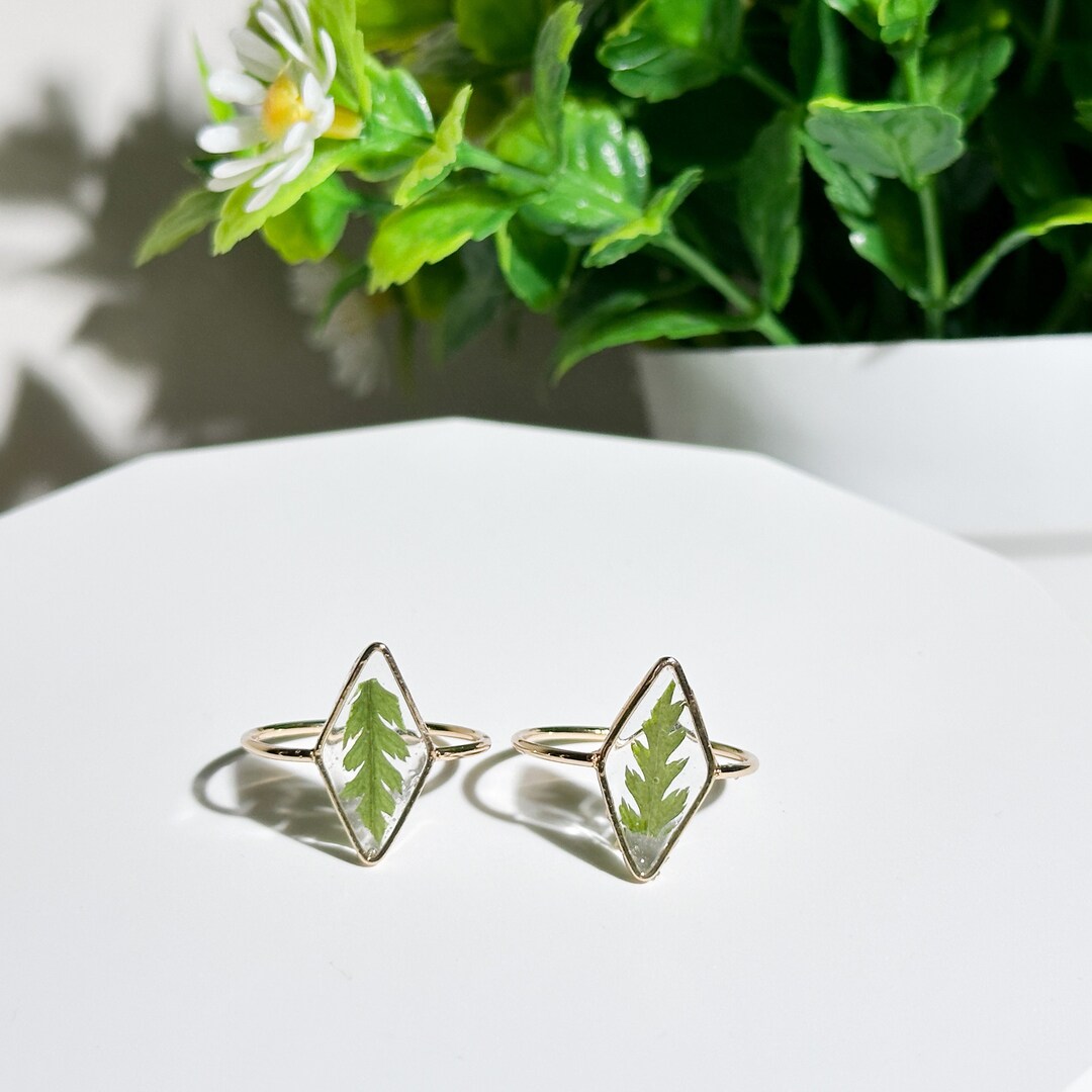 Real Green Fern Leaf Ring, Dried Pressed Leaf Ring, Natural Plant Resin ...