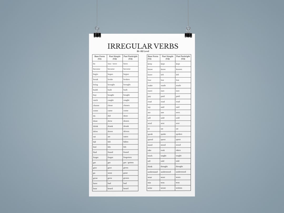 Irregular Verbs Chart Printable | Color Coded & Minimalist Black and ...