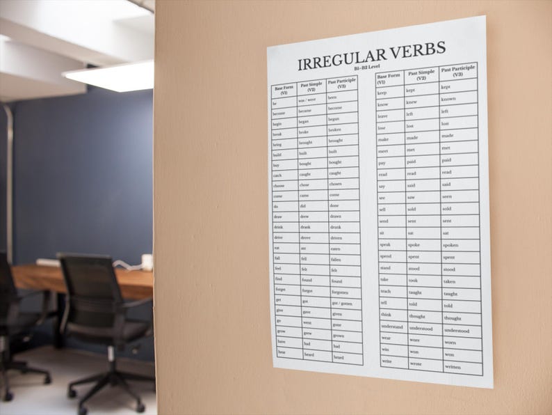 Irregular Verbs Chart Printable | Color Coded & Minimalist Black and ...
