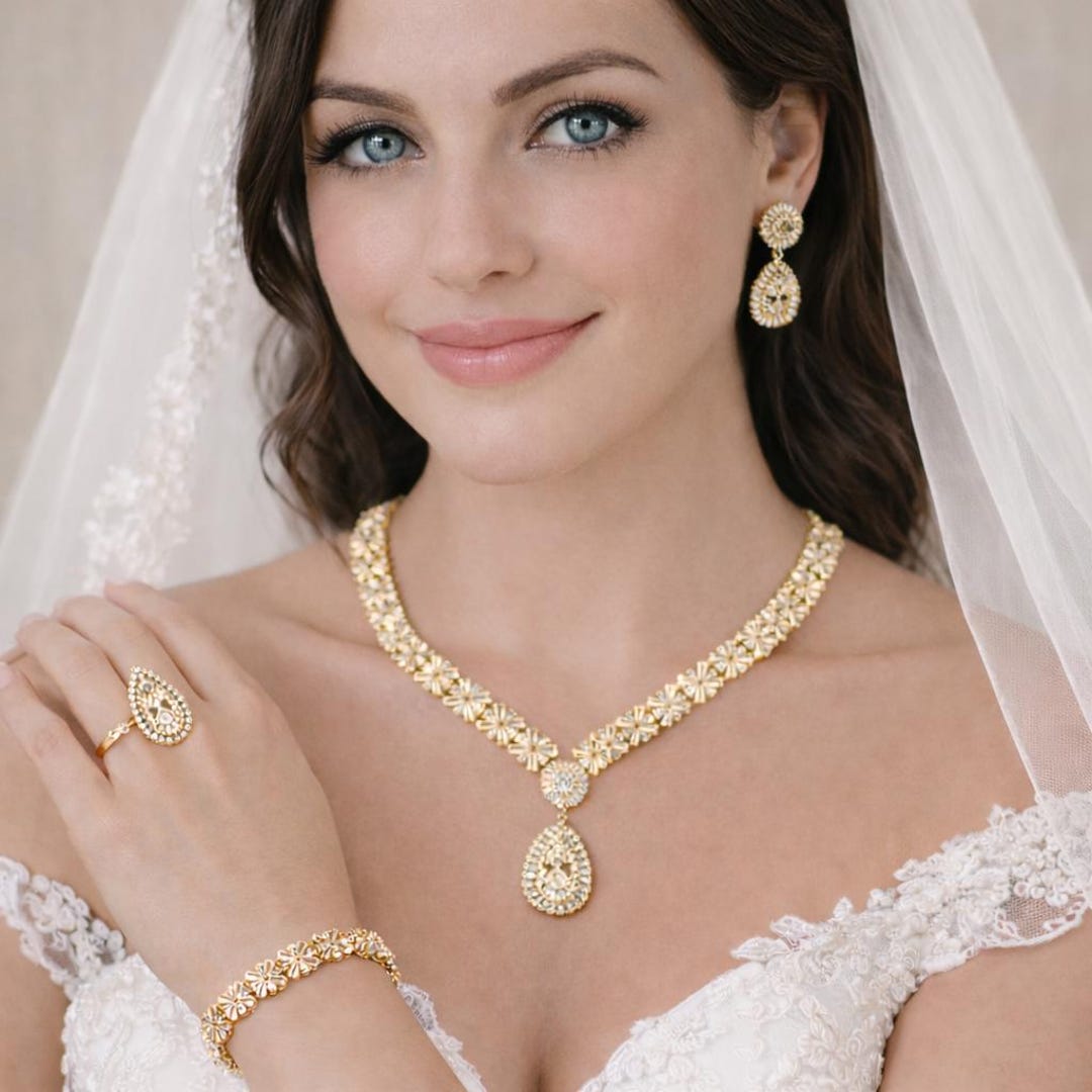 Gold Plated CZ Diamond Bridal Jewelry Set, Indian Wedding Necklace ...