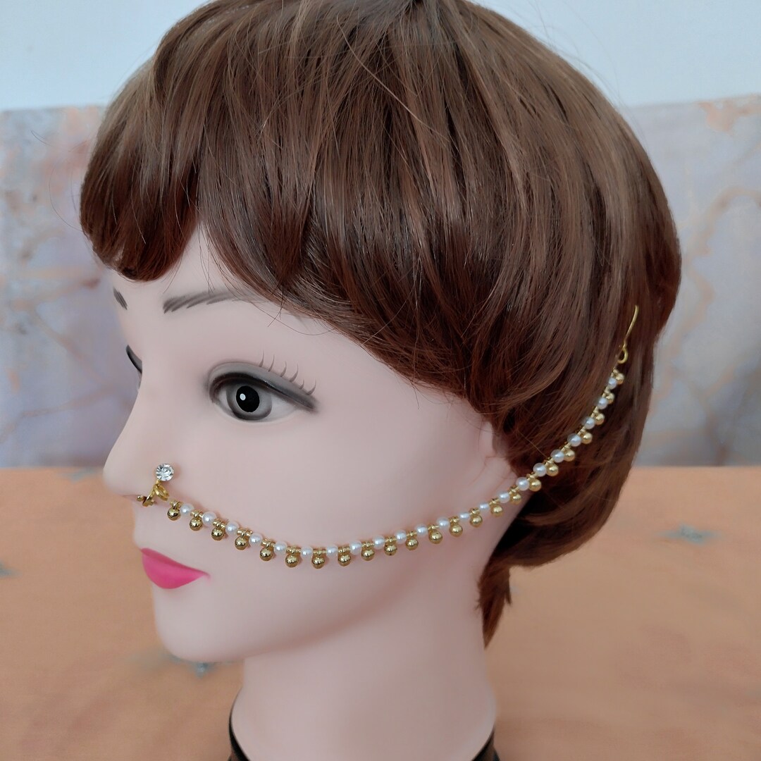Indian Jewelry, Ivory Pearl Colour Nose String Nath, Nose Stud, Clip on ...