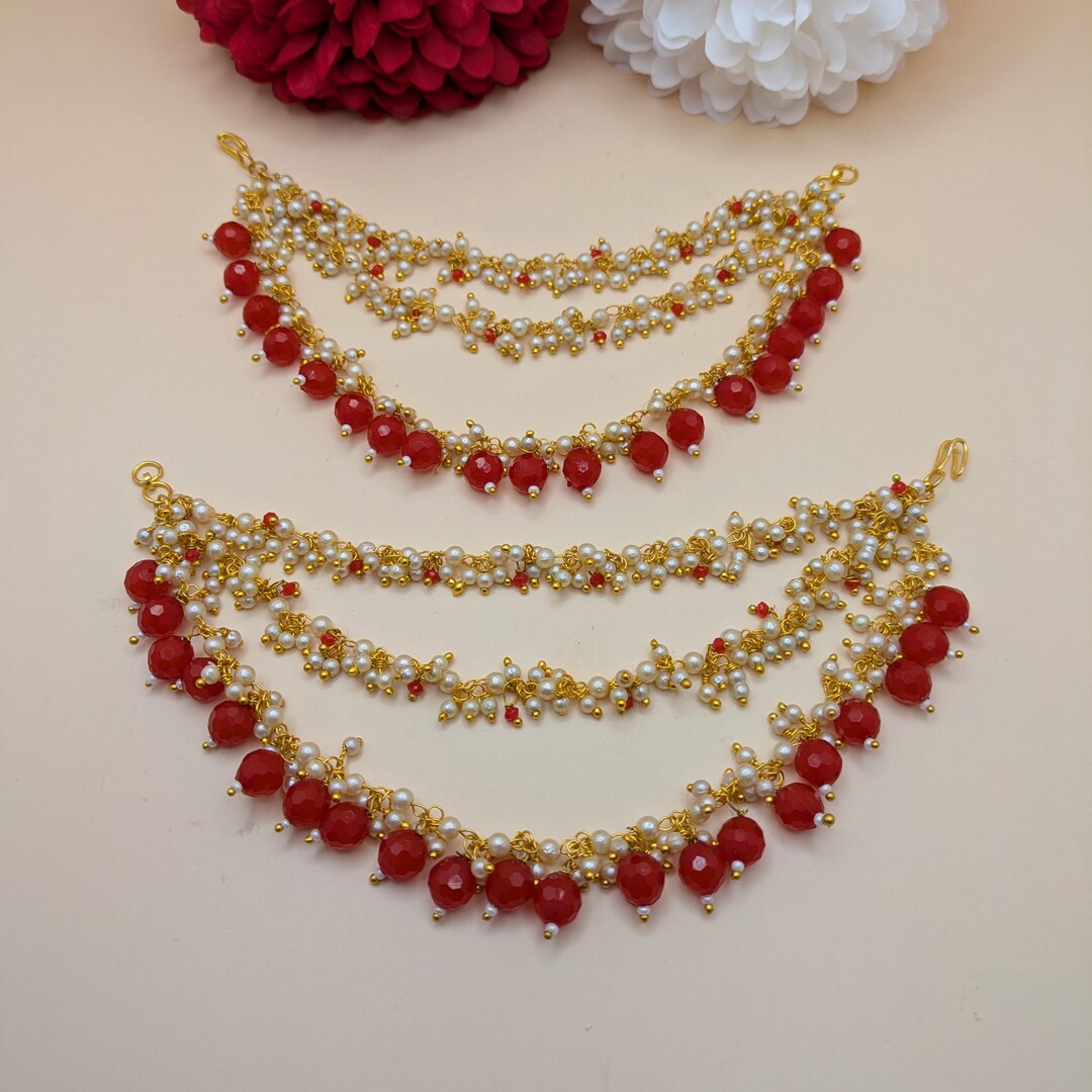 Bridal Gold Plated Detachable Pearl Sahara Earring Chains With CZ ...