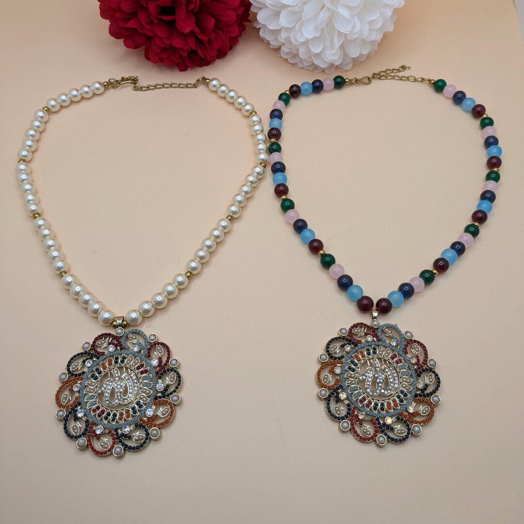 Kundan Polki Pearl Allah Necklace, Islamic Beaded Jewellery - Etsy