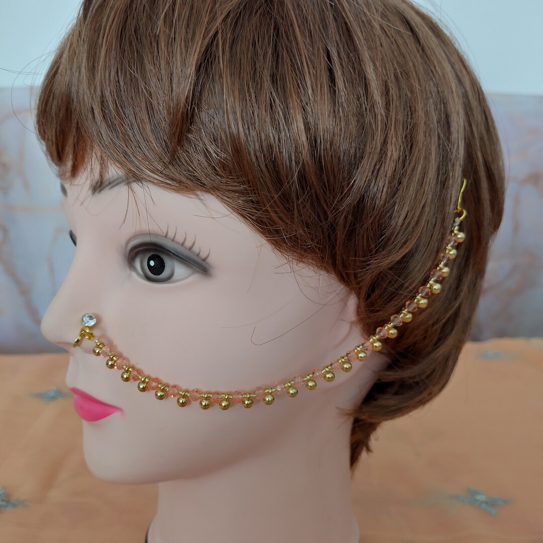 Indian Jewelry, Peach Colour Nose String Nath, Nose Stud, Clip on ...