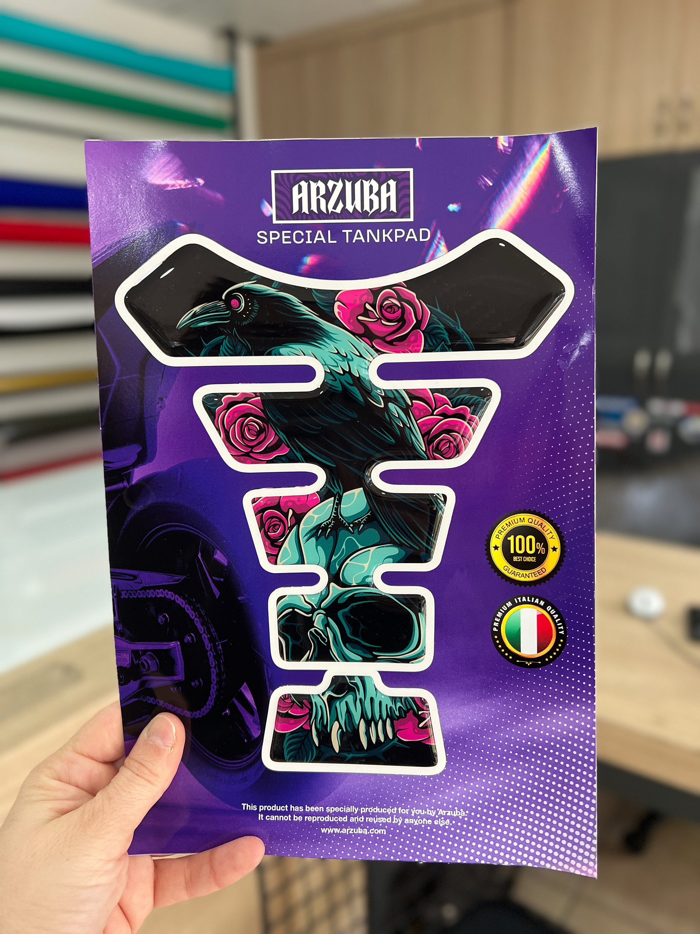 Raven and Skull Carbon Rose Design, Universal Tank Pad, Motorcycle Tank ...