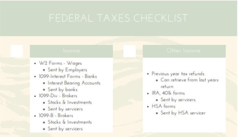 Federal Income Taxes Checklist - Etsy