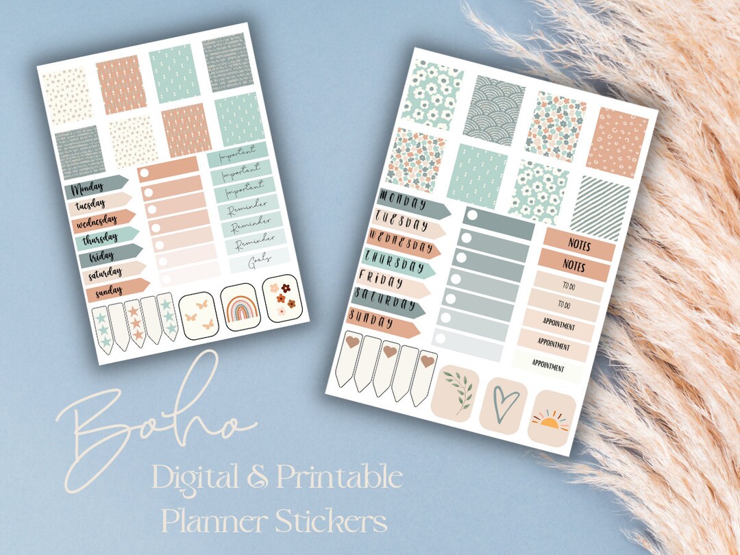 Boho Planner Stickers: Digital & Printable, Everyday Reminders (PNG ...