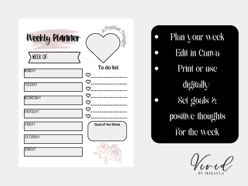 Weekly Planner Printable: Goal Tracker, Positive Thoughts (digital ...