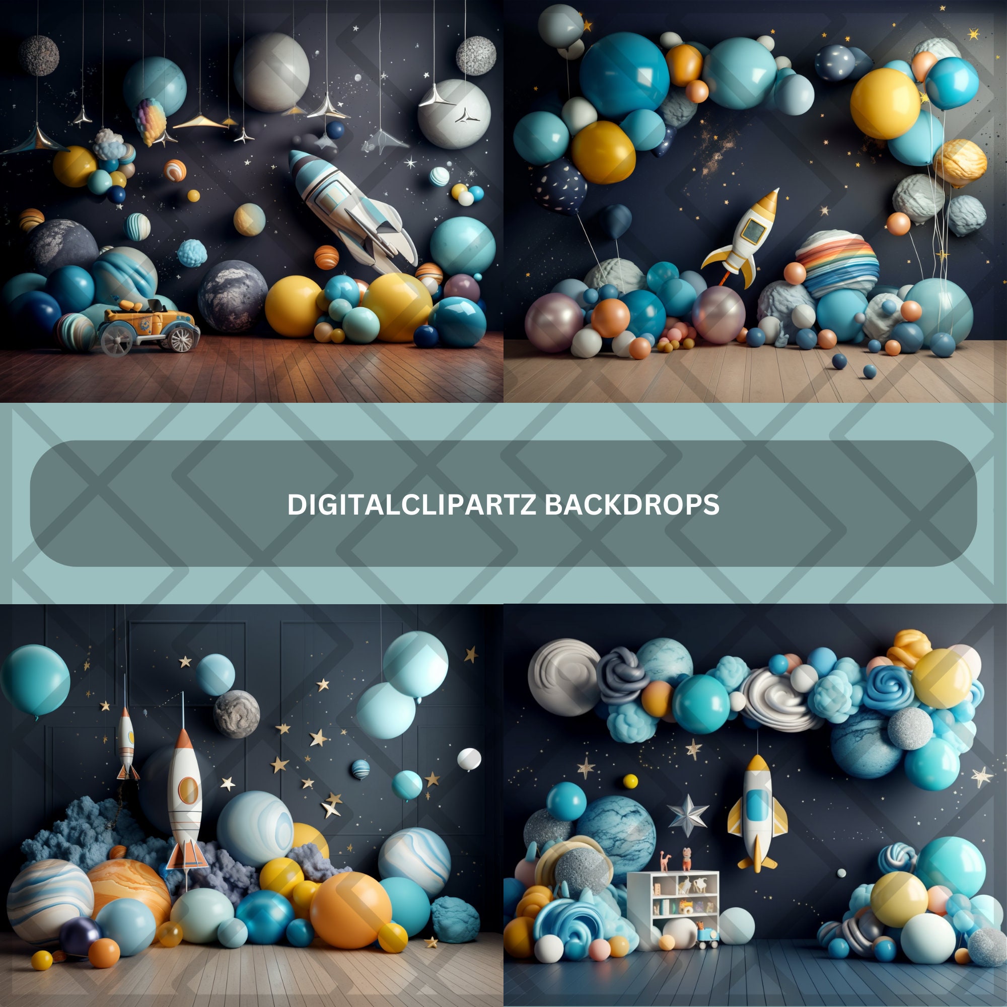Birthday Space Ship Digital Backdrop, Smash Cake, Colorful Space ...