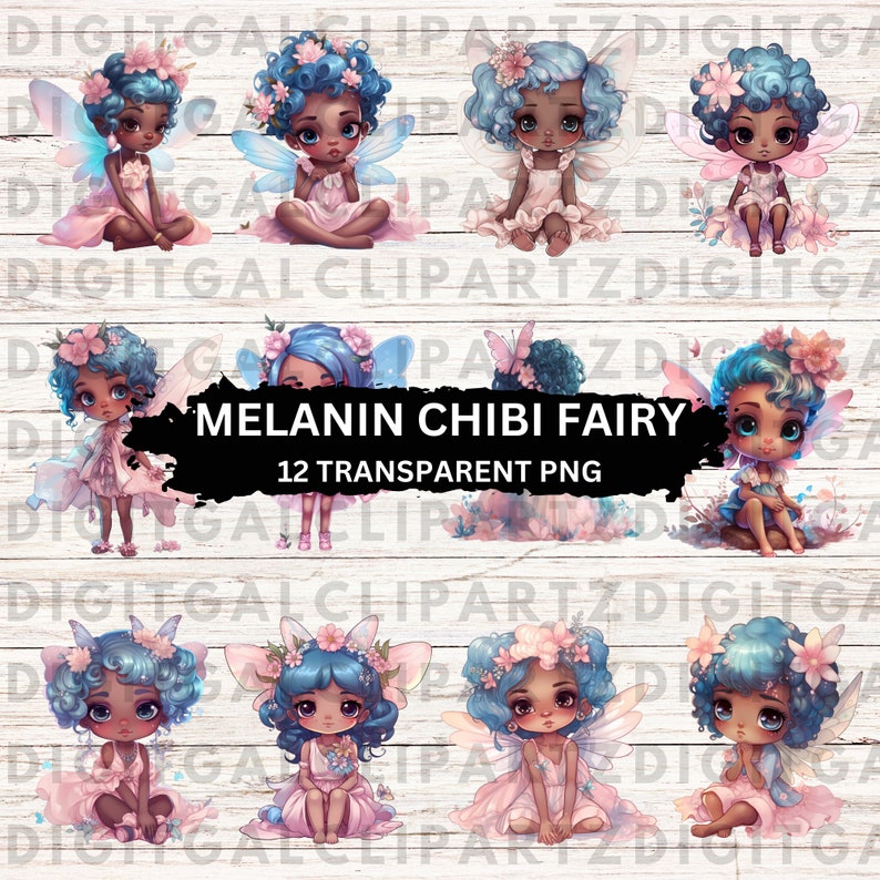 Ethereal Melanin Chibi Fairy Clip Art- 12 Transparent PNG Files-digital ...