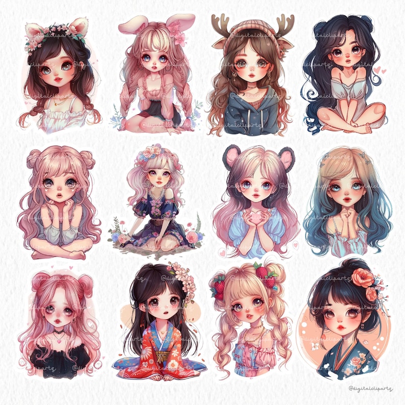 Kawaii Chibi Girls - 12 Transparent PNG Files Digital Download Cute ...