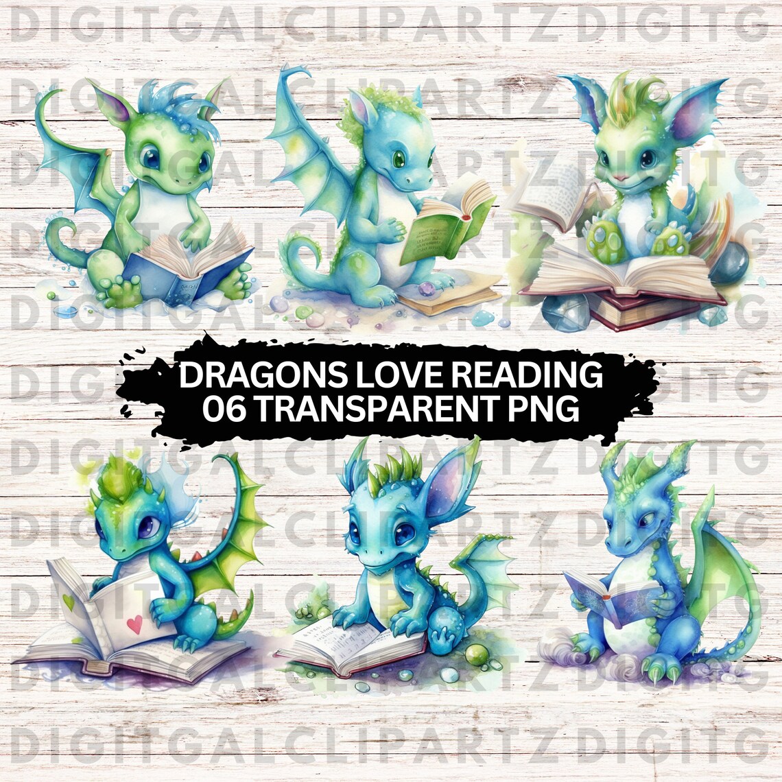 Watercolor Dragons Love Reading Clip Art- 06 Transparent PNG Files ...