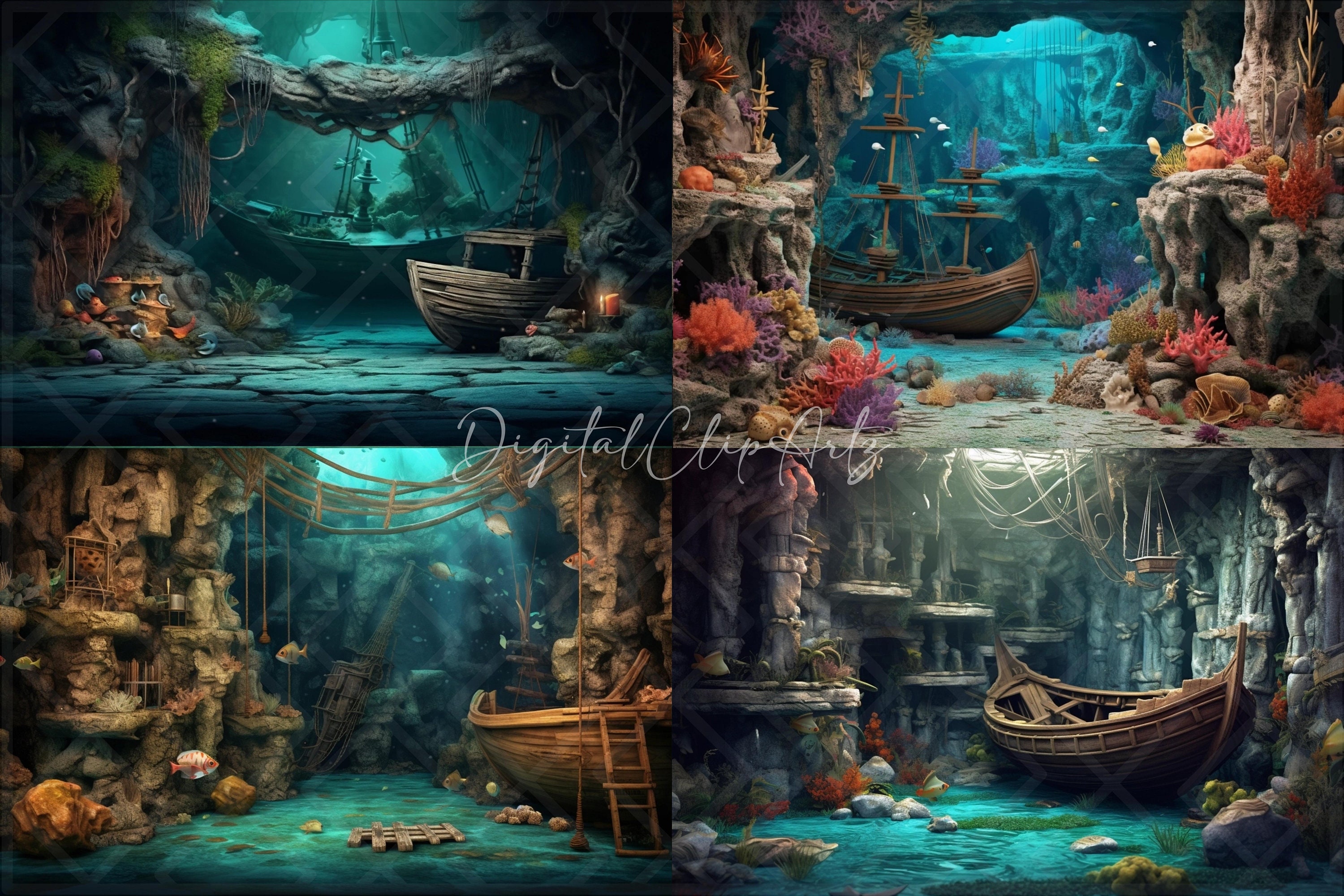 Mermaid Grotto Sunken Ship Digital Photography Backdrop, Digital ...