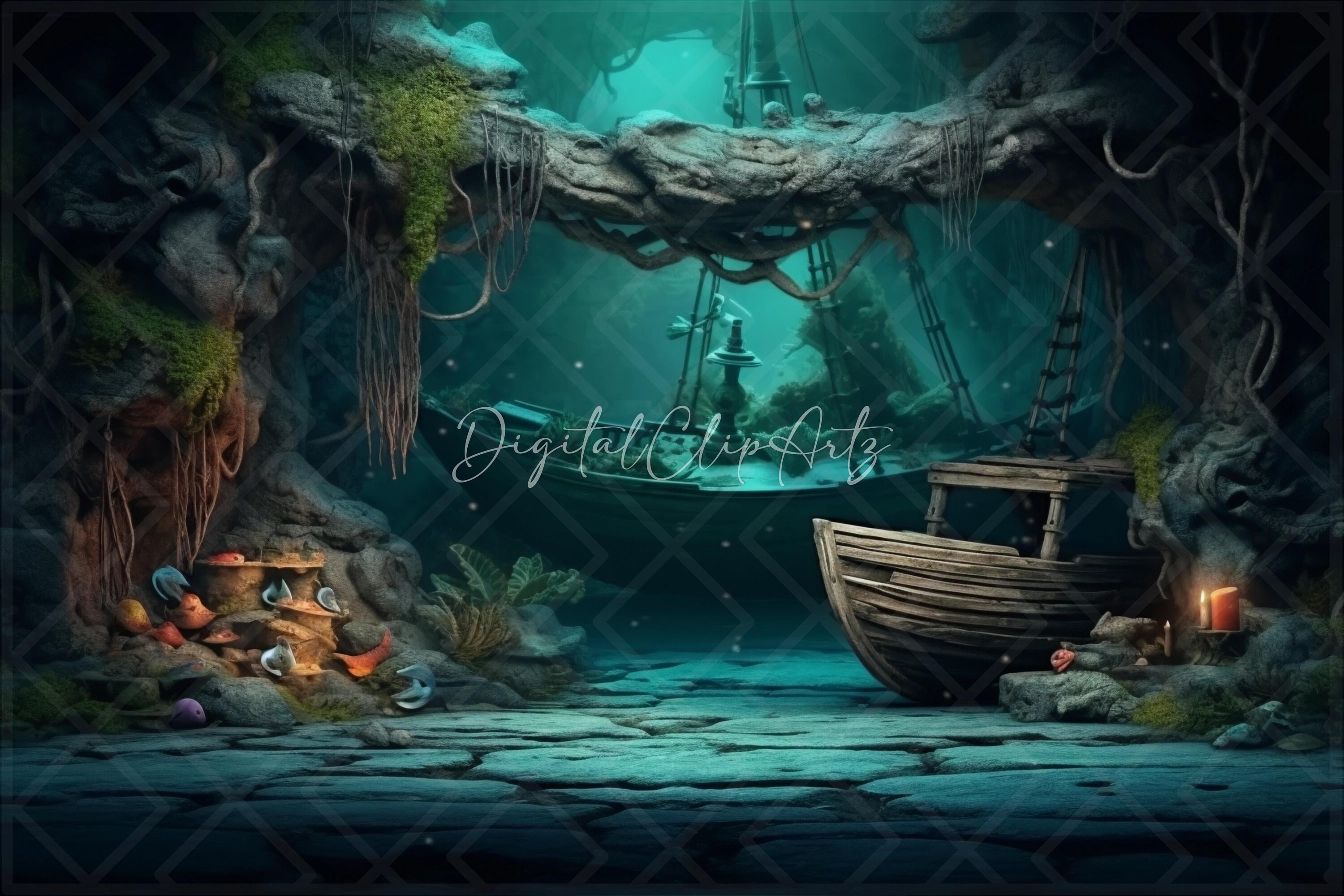 Mermaid Grotto Sunken Ship Digital Photography Backdrop, Digital ...