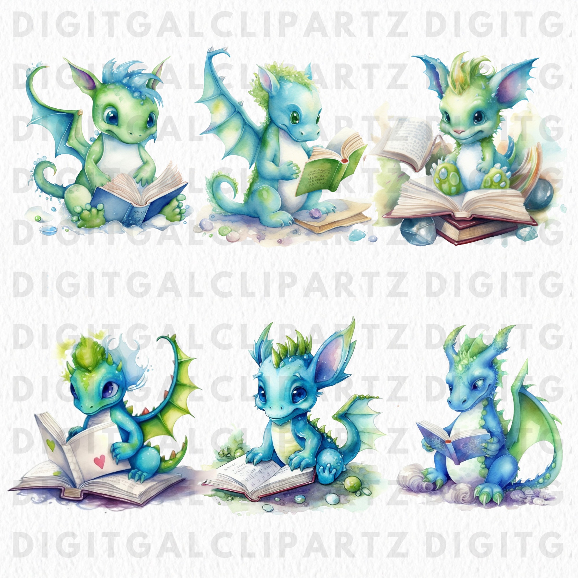 Watercolor Dragons Love Reading Clip Art- 06 Transparent PNG Files ...