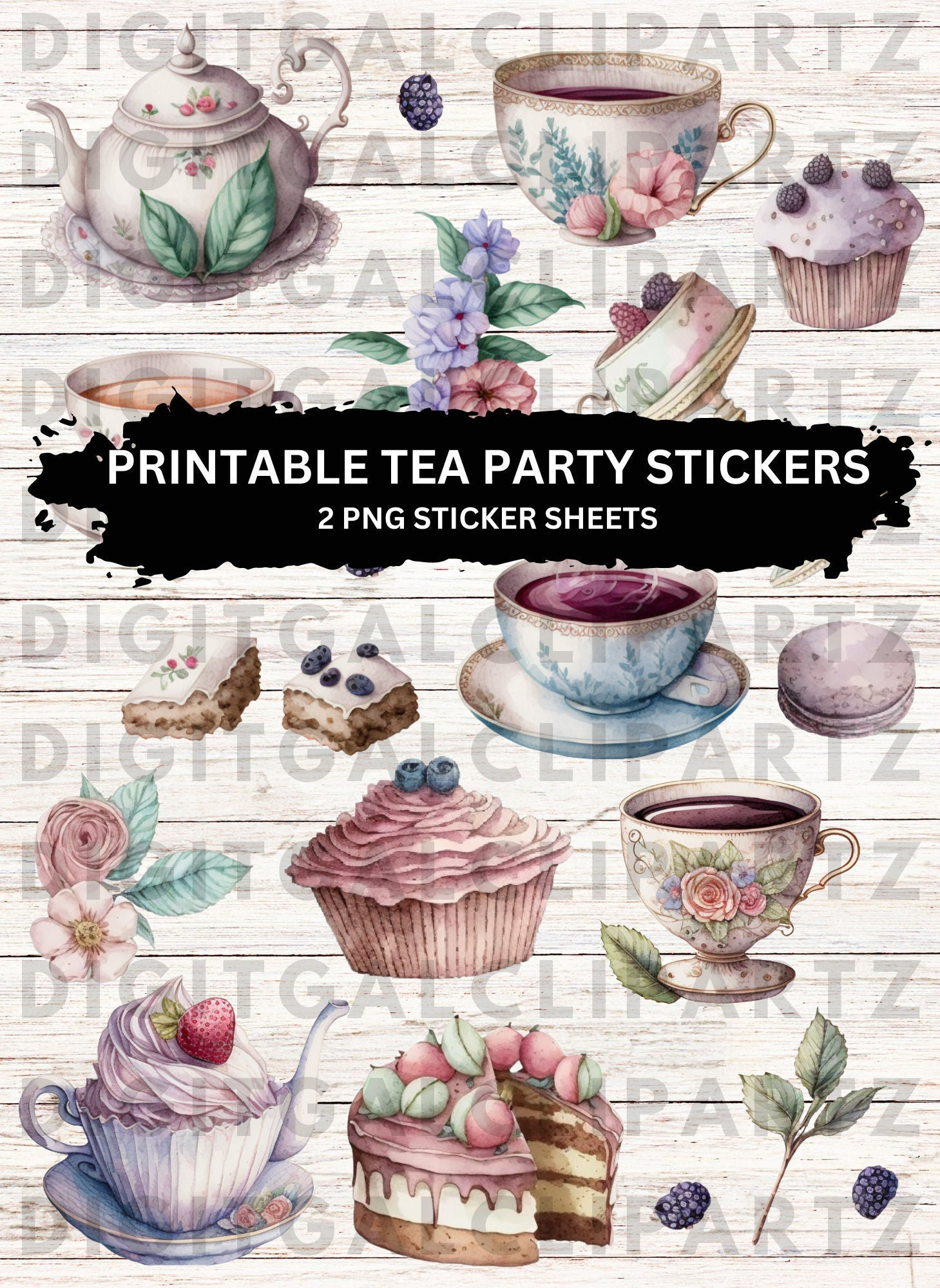 Elegant Tea Party Printable Stickers PNG Download Digital Designs Print ...