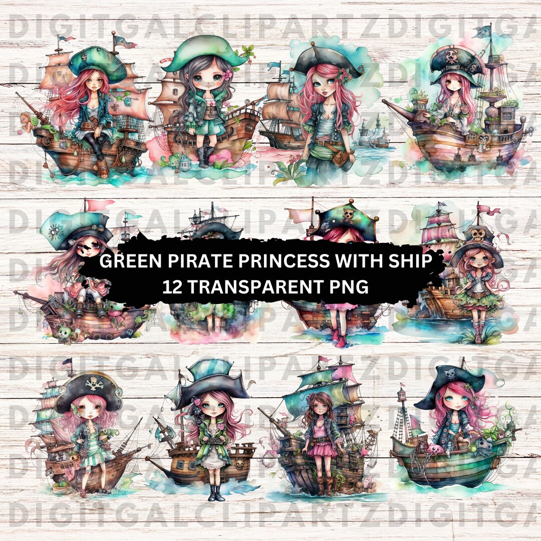 Watercolor Pirate Princess Ship Clip Art - 12 Transparent PNG Files ...