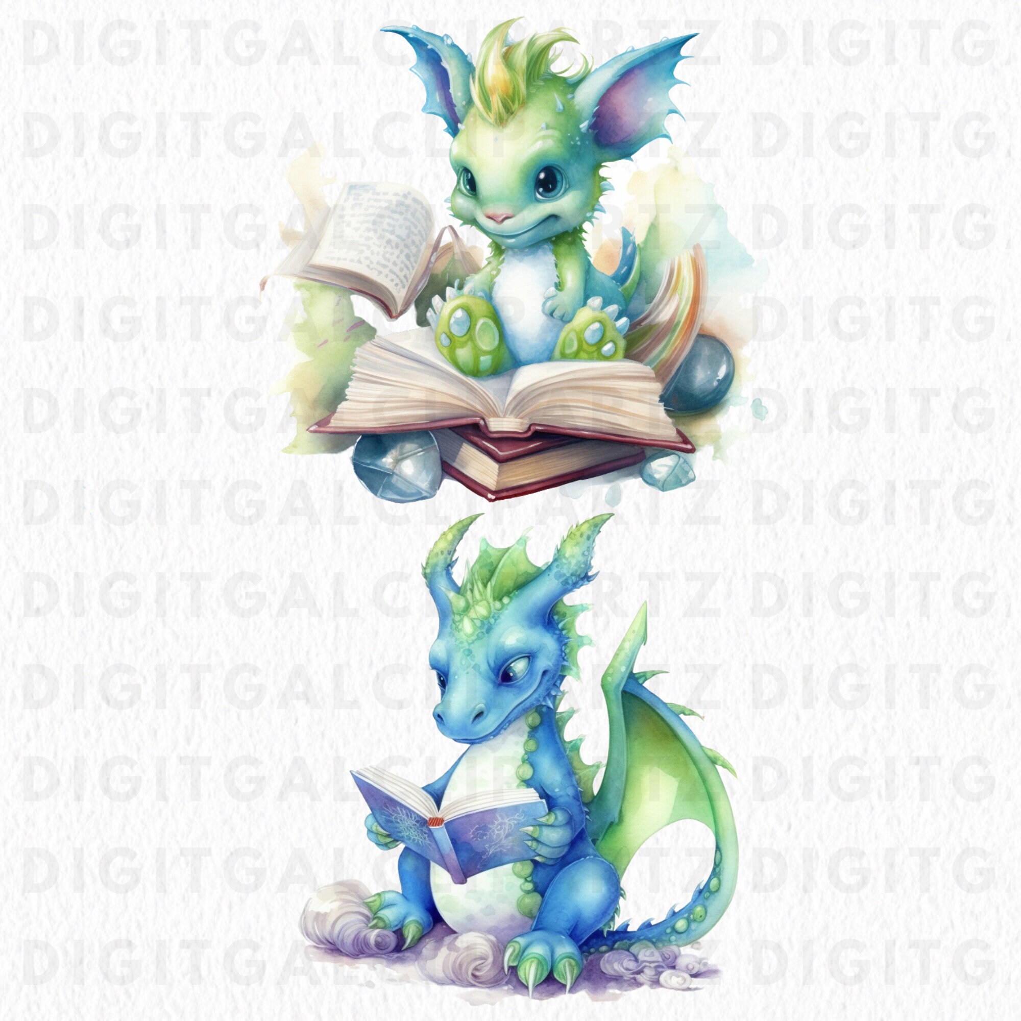 Watercolor Dragons Love Reading Clip Art 06 Transparent PNG Files ...