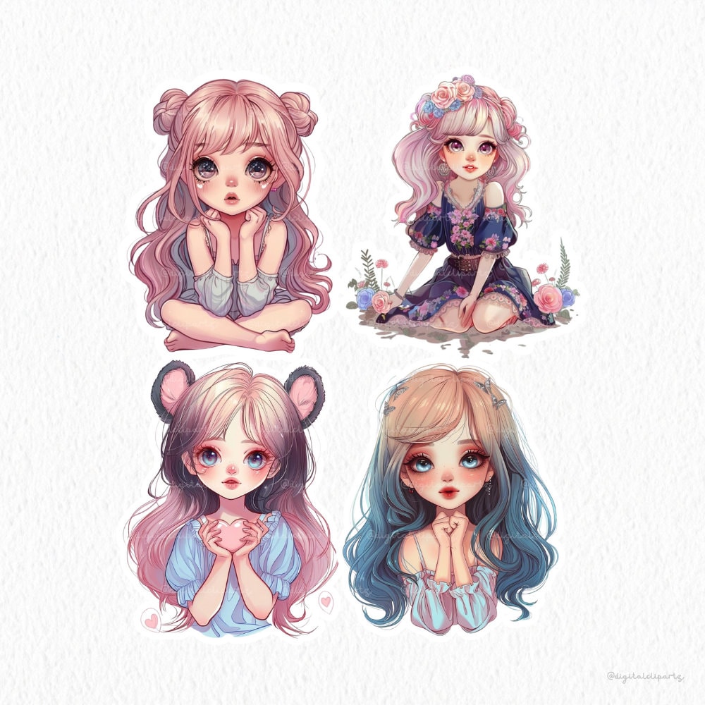 Kawaii Chibi Girls 12 Transparent PNG Files Digital Download Cute ...