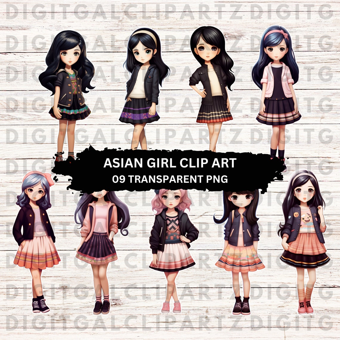 Asian Girl Clip Art 09 Transparent PNG Files Digital Download Cute ...