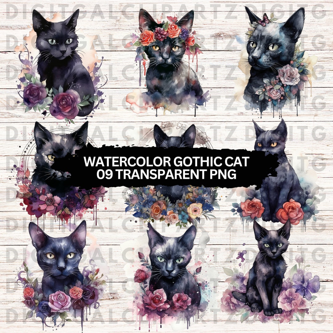 Watercolor Gothic Cat With Roses Clip Art- 09 Transparent PNG Files ...