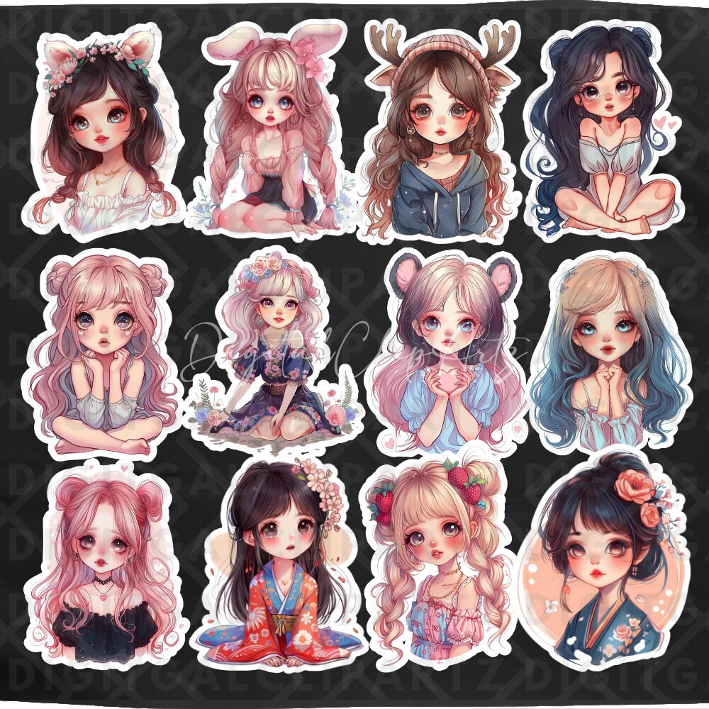 Kawaii Chibi Girls - 12 Transparent PNG Files Digital Download Cute ...
