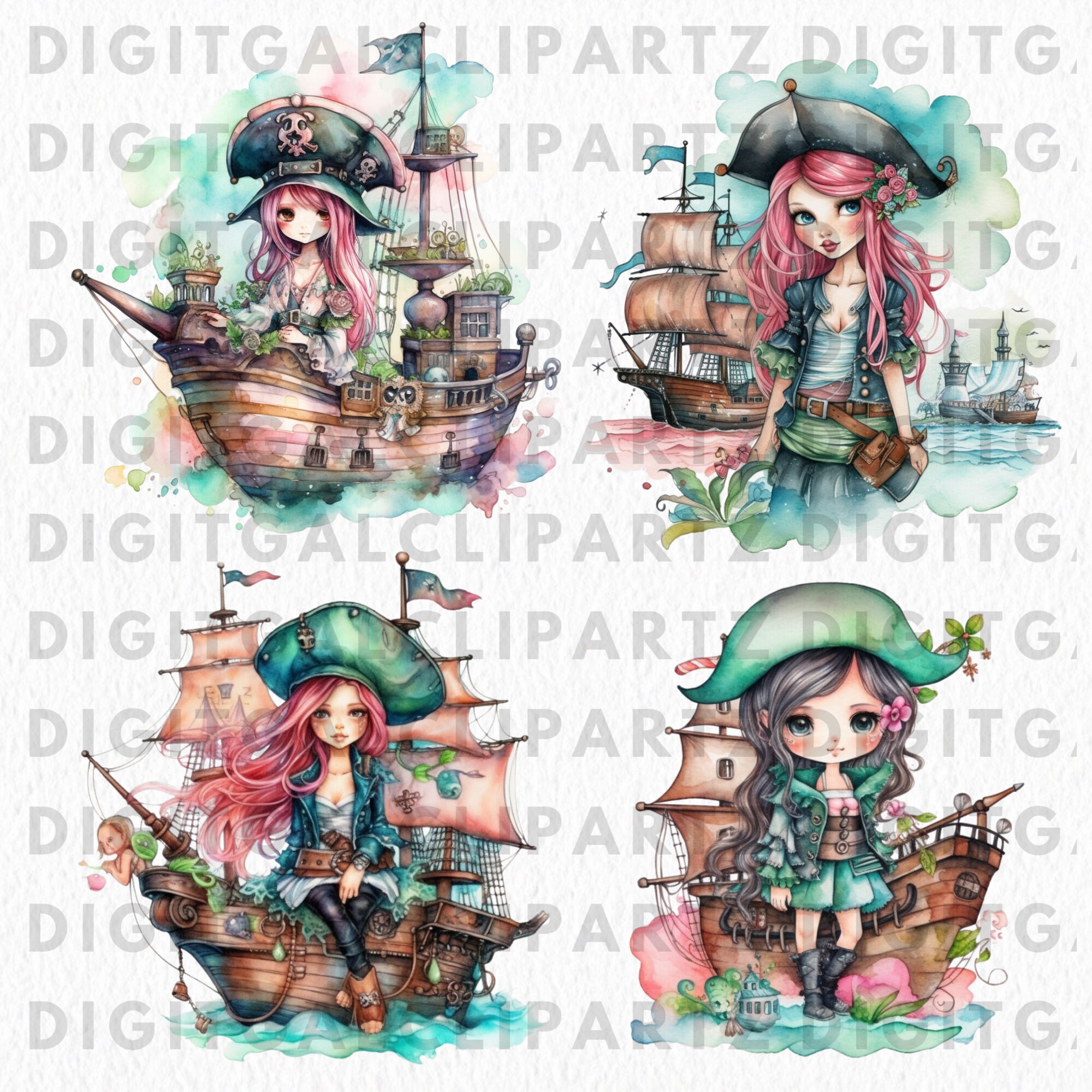 Watercolor Pirate Princess Ship Clip Art 12 Transparent PNG Files ...