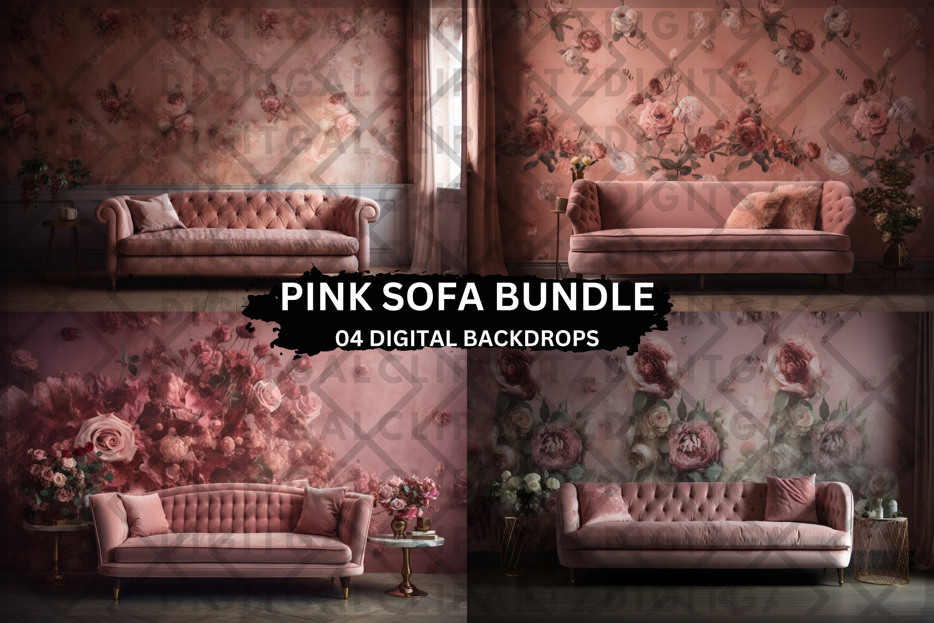 Romantic Pink Velvet Sofa Backdrop Bundle, Digital Photography Backdrop ...