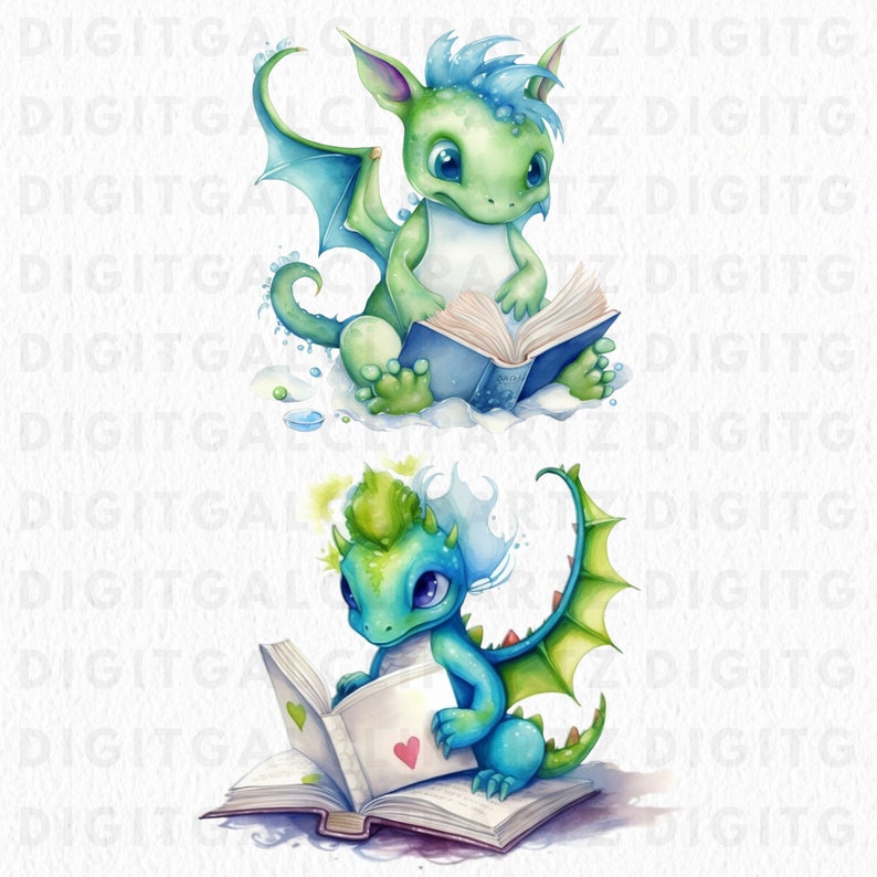 Watercolor Dragons Love Reading Clip Art- 06 Transparent PNG Files ...