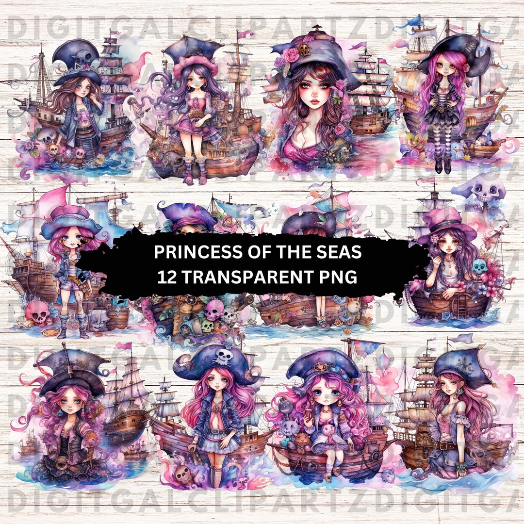 Watercolor Princess of the Seas Clip Art - 12 Transparent PNG Files ...