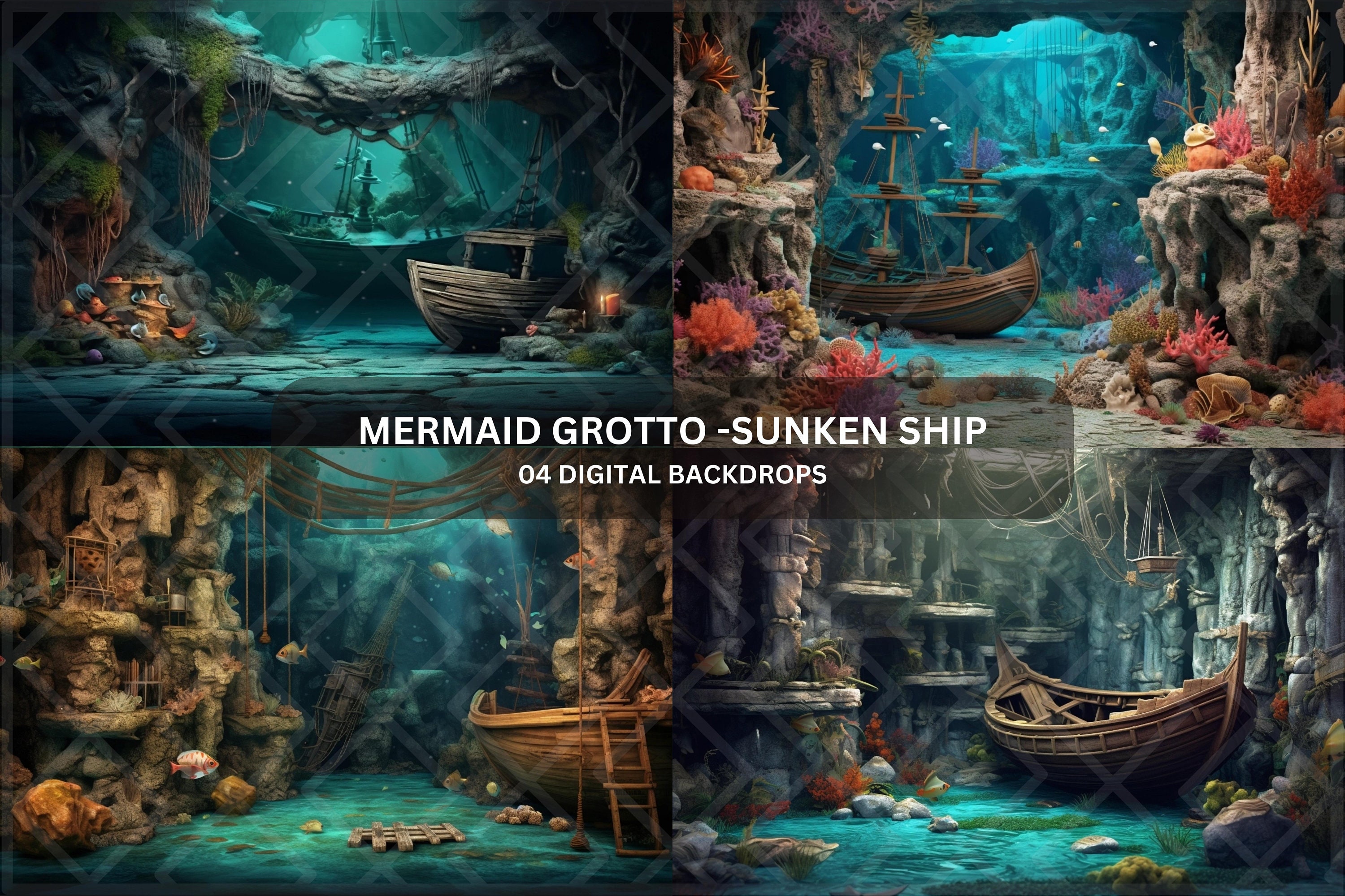 Mermaid Grotto Sunken Ship Digital Photography Backdrop, Digital Composite, Photoshop Overlay ...