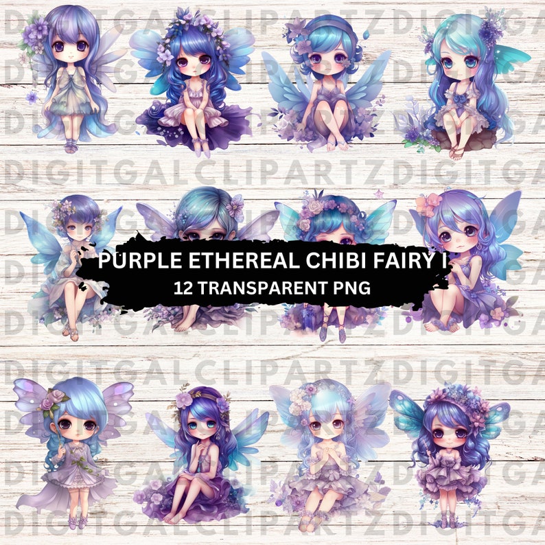 Purple Ethereal Chibi Fairy I Clip Art 12 Transparent PNG Files-digital ...