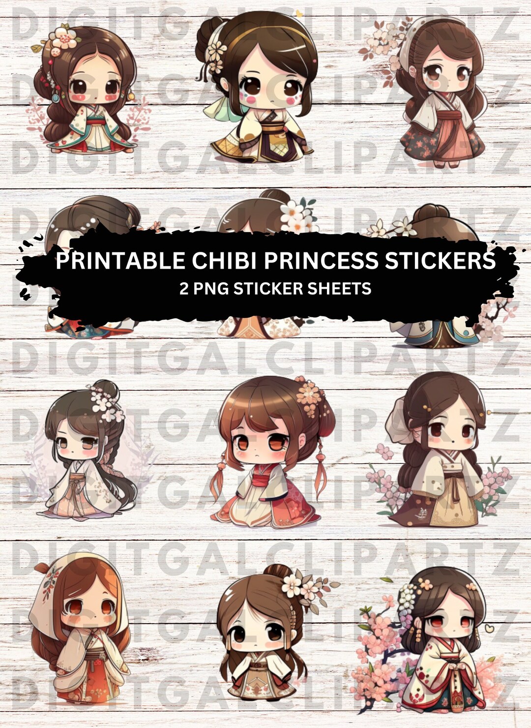 Cute Chibi Princess Printable Stickers PNG Download Digital Designs ...